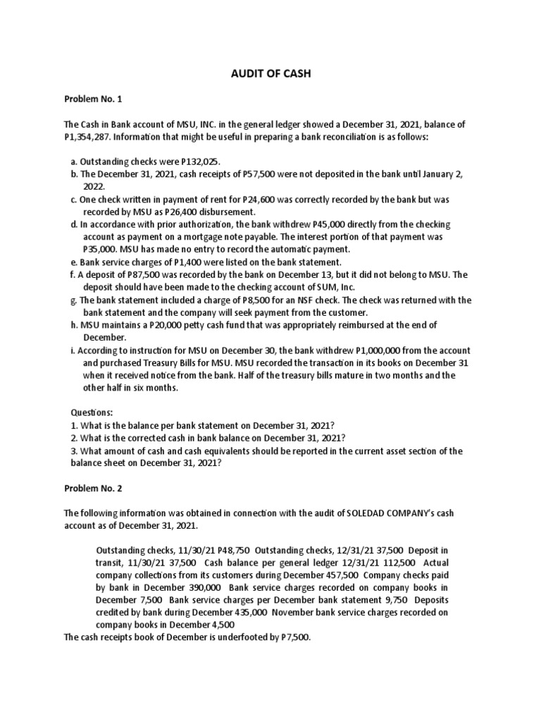 Audit of Cash: Problem No. 1 | PDF | Banks | Deposit Account