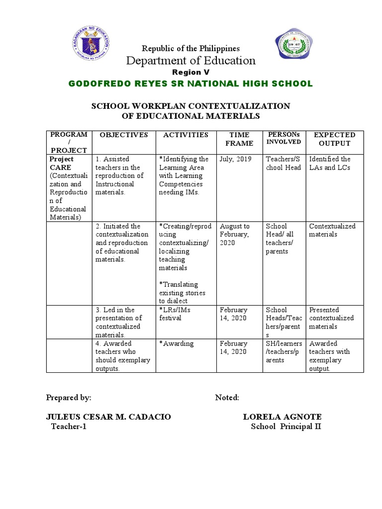 Department of Education: Godofredo Reyes SR National High School | PDF ...