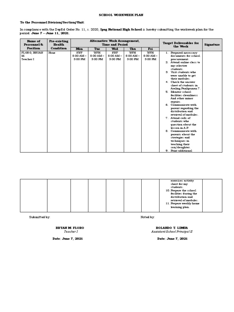 WWP Floro Bryan M Individual Work Week Plan June 7 June 11 2021 | PDF ...