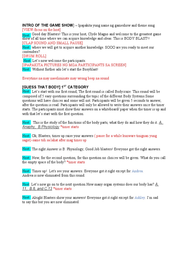 Body Blast Game Show Script | PDF | Human Body | Muscle