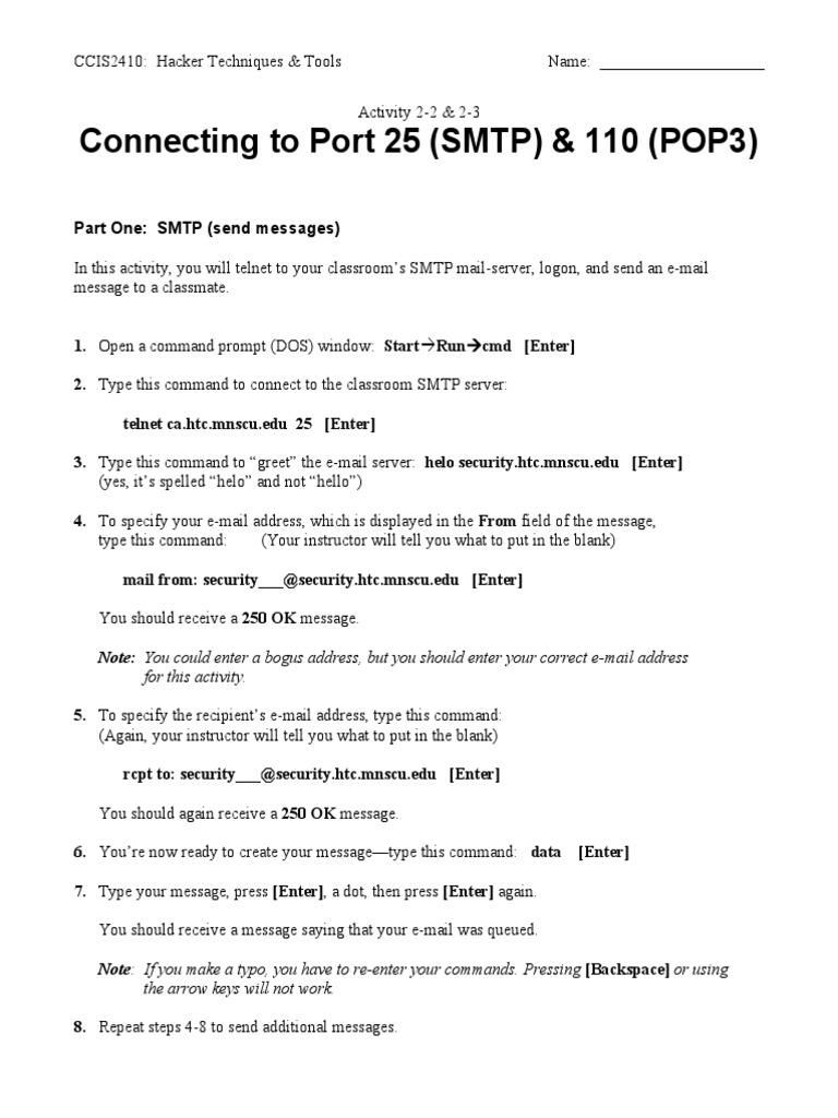 Connecting To Port 25 (SMTP) & 110 (POP3) : For This Activity | PDF ...