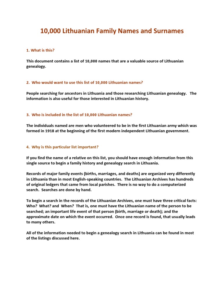 10,000 Lithuanian Last Names and Surnames | PDF | Genealogy | Lithuania