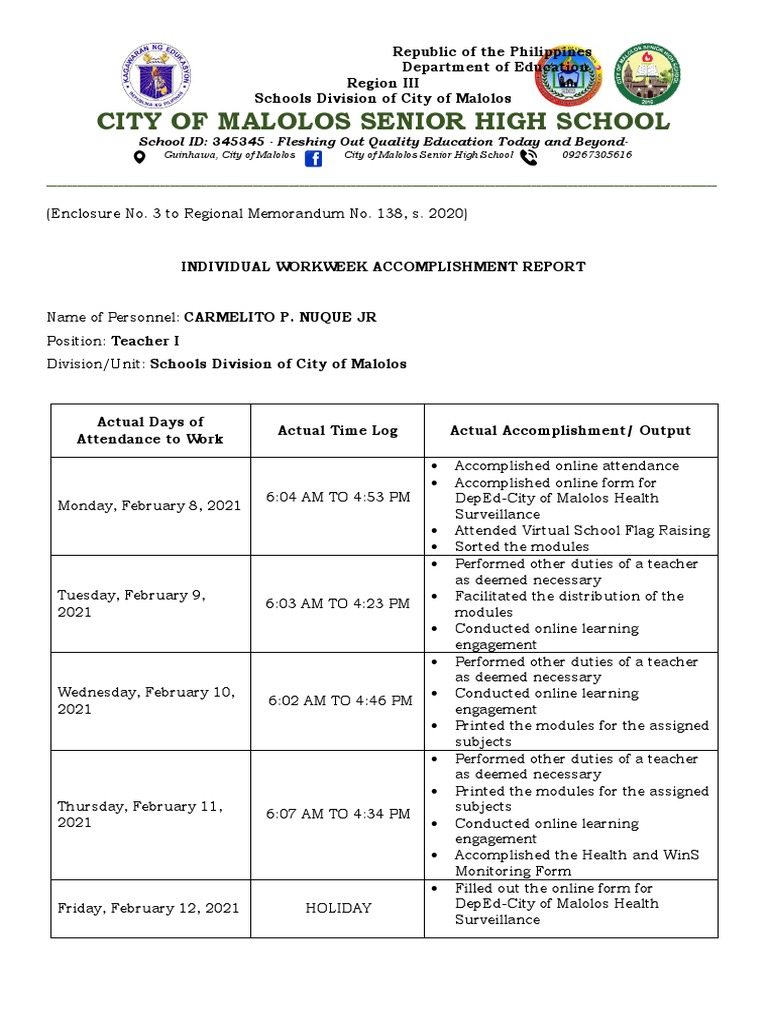 CPN Week 35 Individual Workweek Accomplishment Report | PDF | Workweek ...