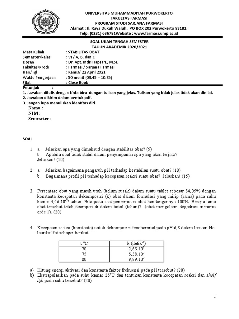 Soal UTS - STABILITAS OBAT - Genap - 2020-2021 - Indri Hapsari Rev | PDF