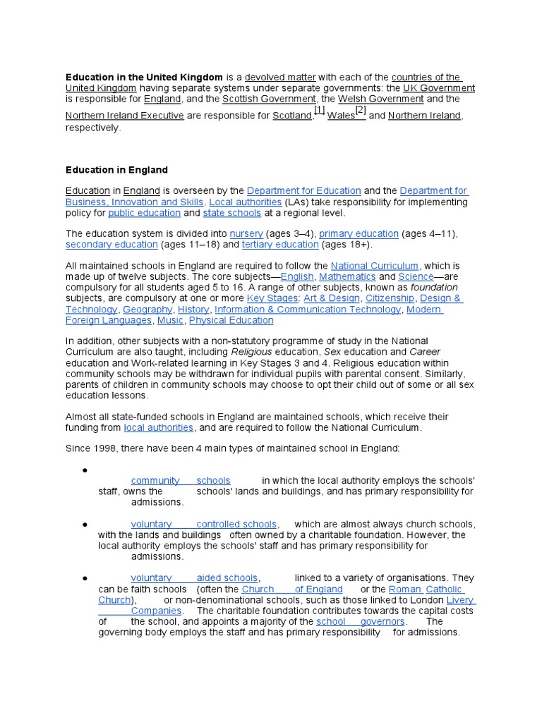 Education in The United Kingdom Is A Devolved Matter With Each of The ...