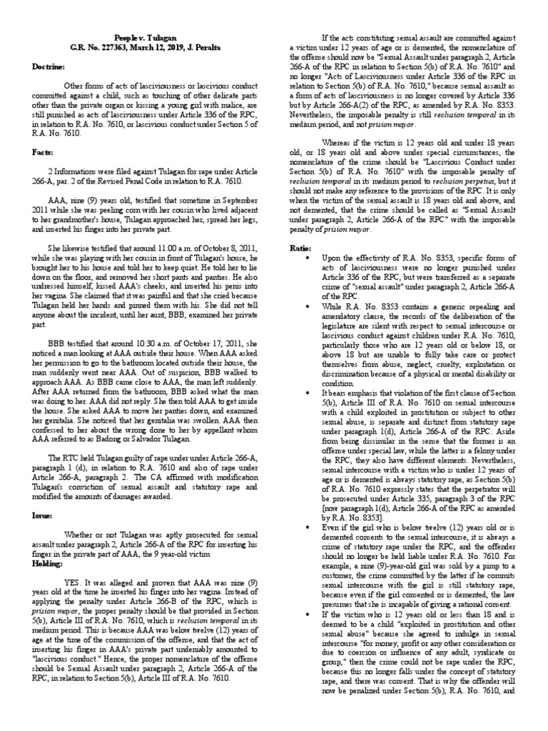 People vs. Tulagan Case Digest | PDF | Rape | Sexual Assault