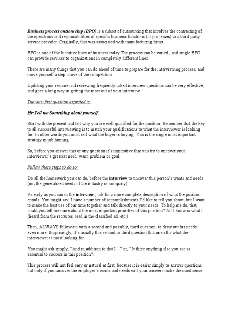 BPO Interview Questions | PDF | Interview | Outsourcing