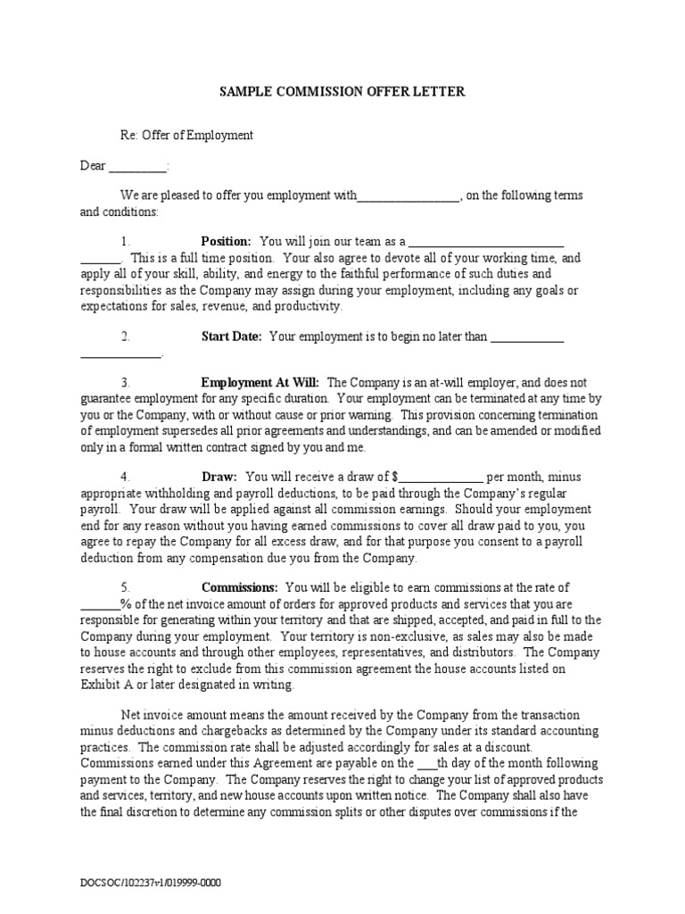 Position: You Will Join Our Team As A: Sample Commission Offer Letter ...