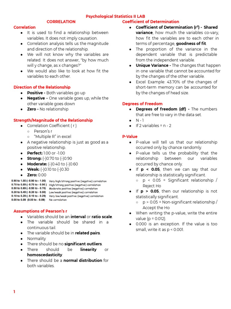 Psychological Statistics Ii Lab Correlation Correlation Coefficient Of Determination Pdf