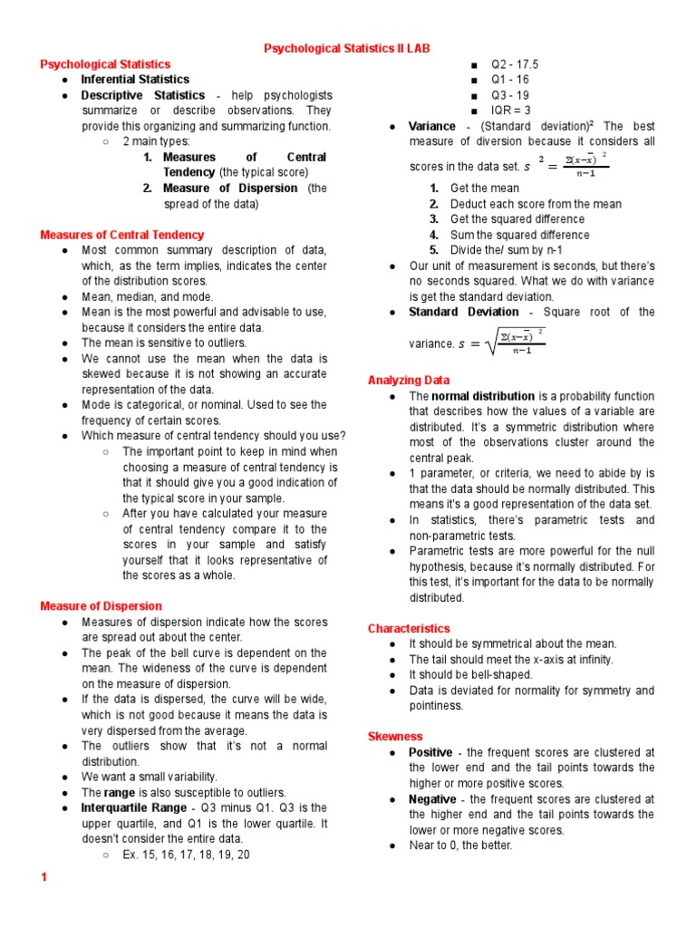 Psychological Statistics II LAB Psychological Statistics | PDF | Mean ...