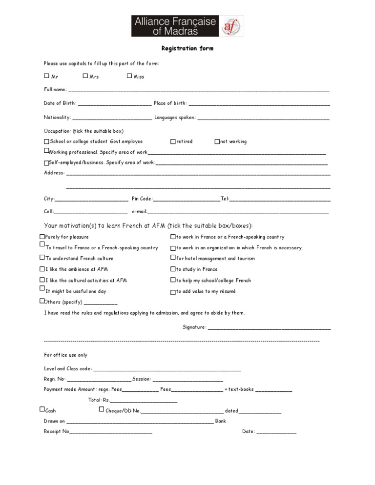 French Course Registration Form | PDF | Business