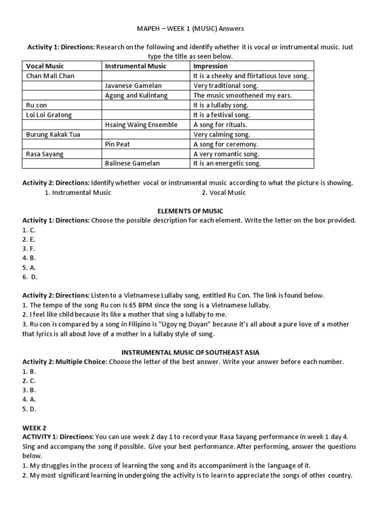 Mapeh Music Answers | Download Free PDF | Songs | Sound