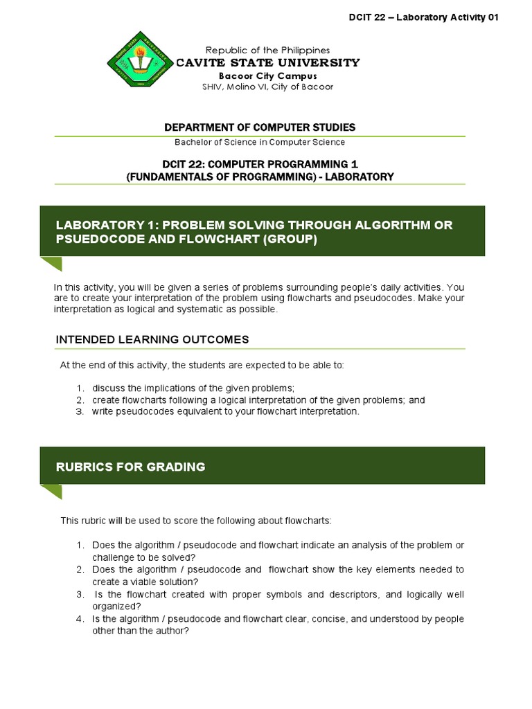 Lab 1 Problem Solving Through Algorithm And Flowchart Pdf Algorithms Computer Science