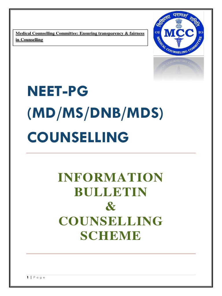 Neet-Pg (MD/MS/DNB/MDS) Counselling: Information Bulletin & Counselling Scheme | PDF | Doctor Of ...