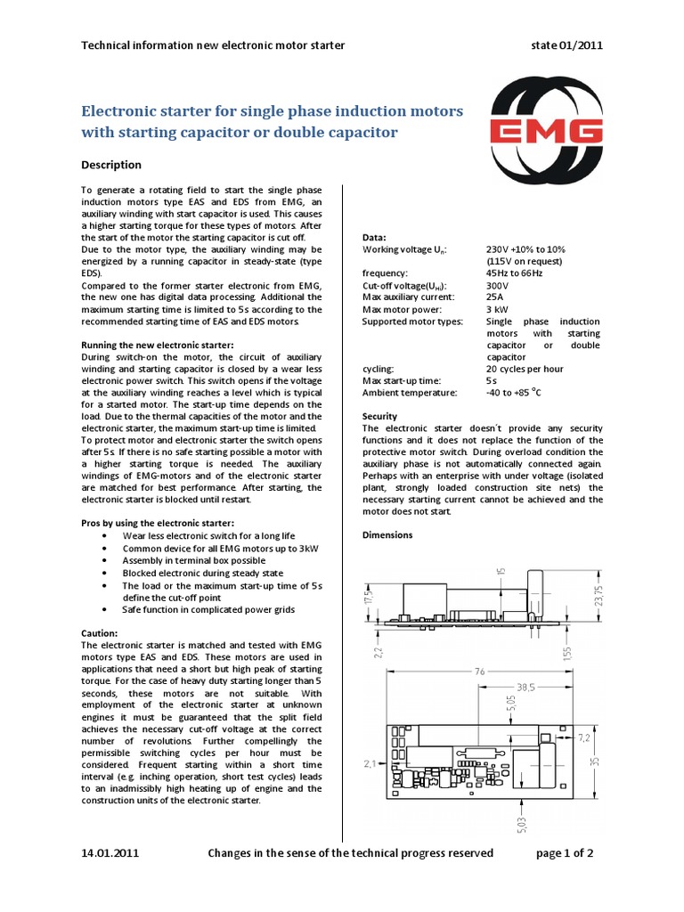 Datasheet New Electronic Starter 012011 | PDF | Electric Motor | Capacitor