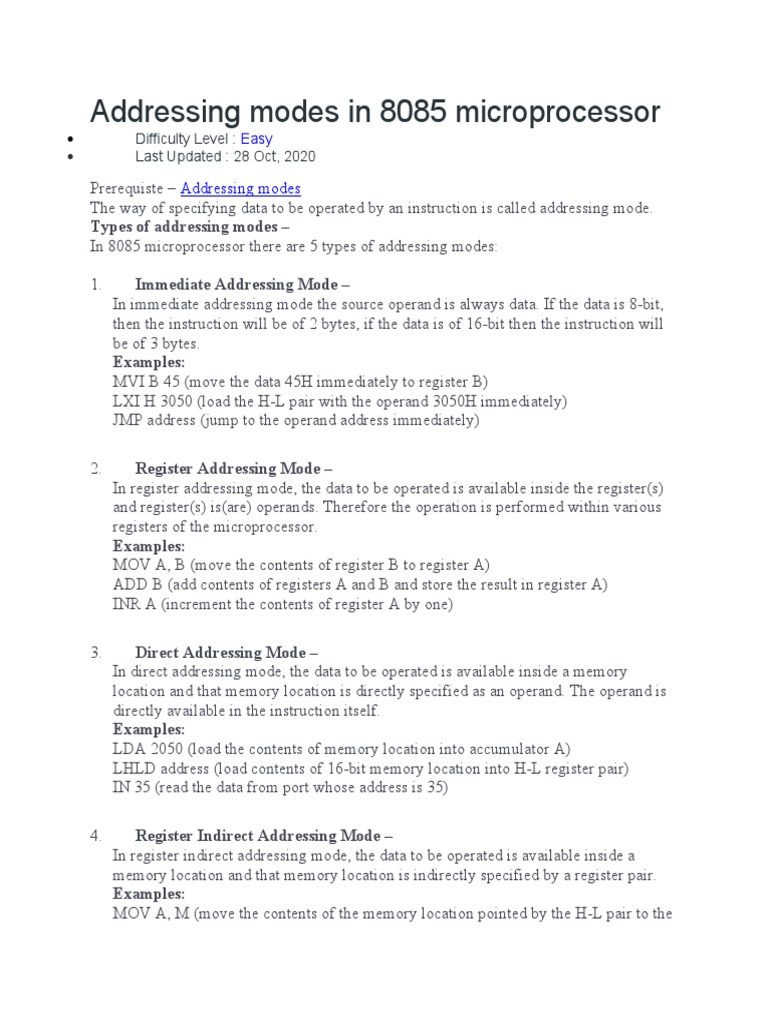 Addressing Modes in 8085 Microprocessor | PDF | Computing | Computer ... Addressing Modes in 8085 Microprocessor | PDF | Computing | Computer ...