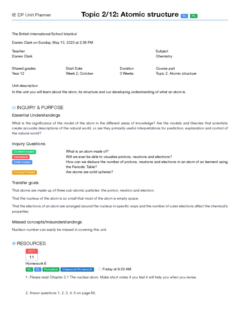 IB DP Atomic Structure Unit Planner | PDF | Atoms | Atomic Nucleus