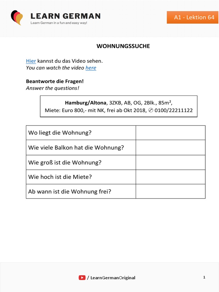 A1 - Lesson 64 - Wohnungssuche | PDF