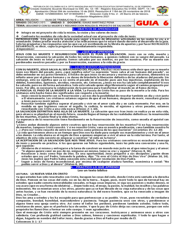 Guia 6 Religion Decimo | PDF | La resurrección de Jesús | Jesús
