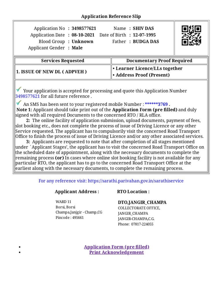 Application Form (Pre Filled) Print Acknowledgement | PDF