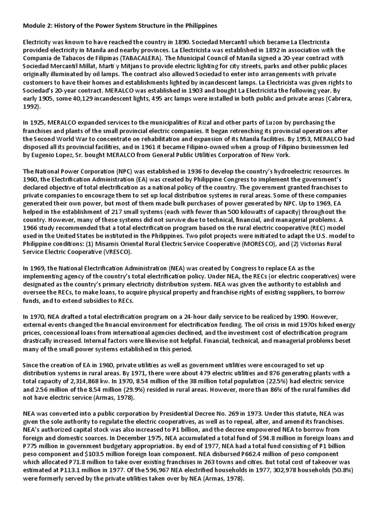 Module 2: History of The Power System Structure in The Philippines ...