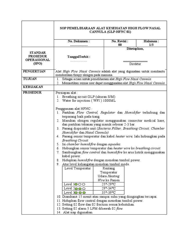 Sop Pemeliharaan Alat Kesehatan HFNC | PDF | Teknologi & Rekayasa