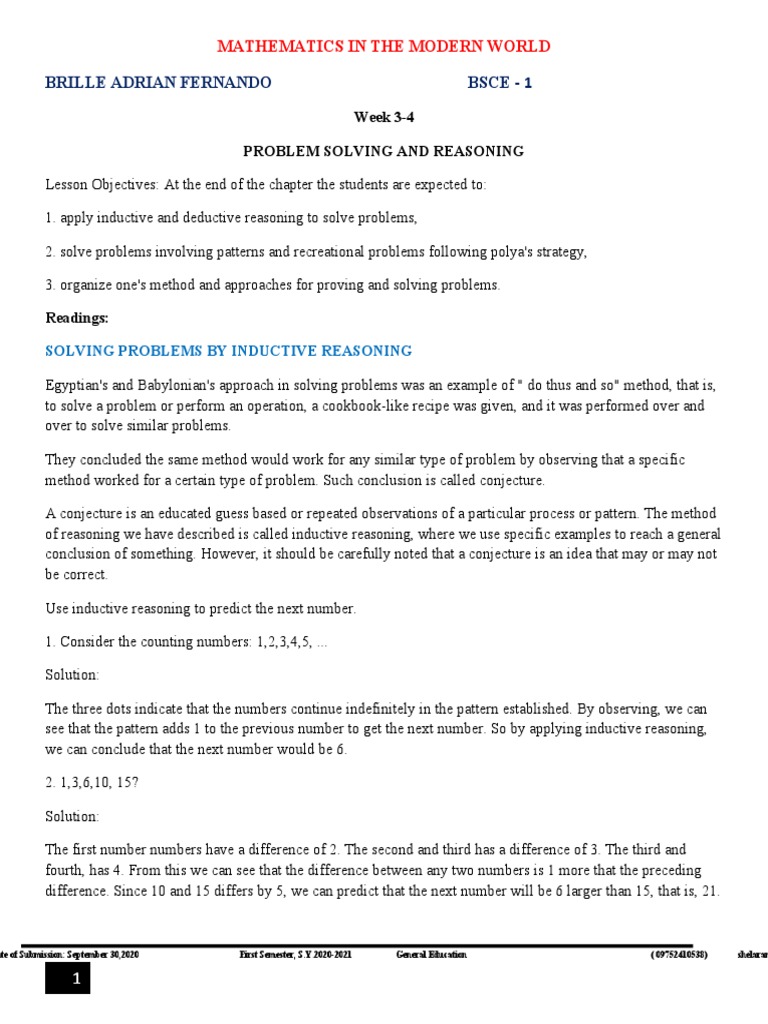 Week 3-4 Gec Chapter 3 PROBLEM SOLVING AND REASONING | PDF | Argument | Deductive Reasoning