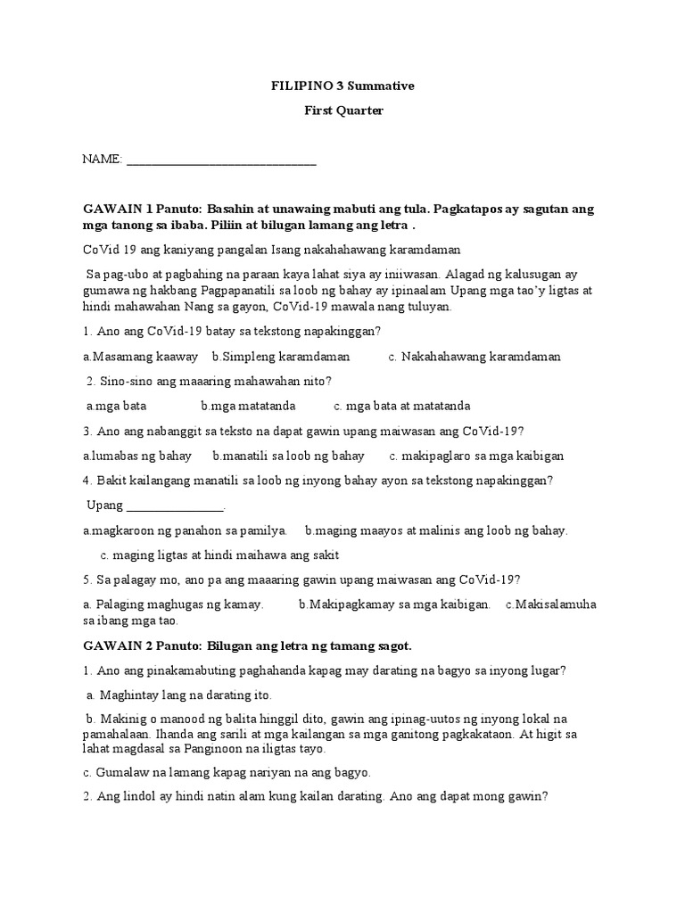 FILIPINO 3 Summative Test First Quarter | PDF