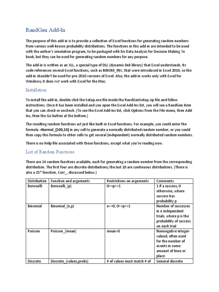 RandGen Add-In | PDF | Microsoft Excel | Correlation And Dependence