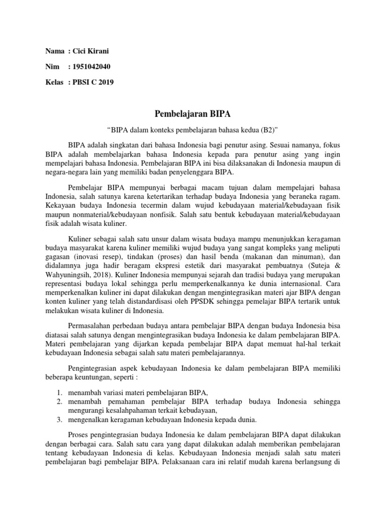 Tugas BIPA Dalam Konteks Pembelajaran Bahasa Kedua (B2) - Cici Kirani (1951042040) | PDF