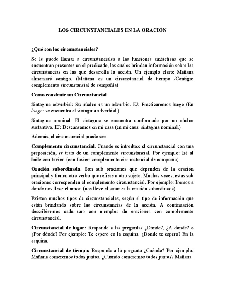 Tipos y ejemplos de circunstanciales | PDF | Adverbio | Oración ...