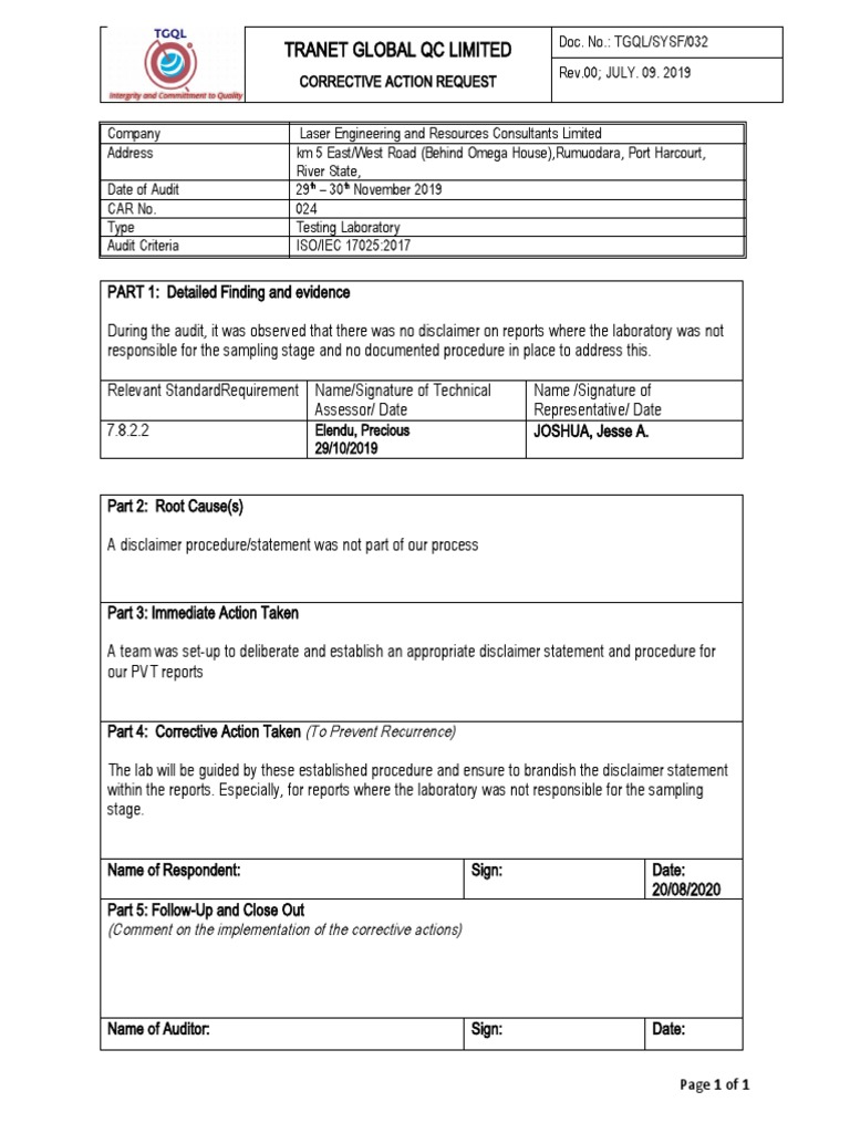 Iso 17025 - Corrective Action Request Form (Completed) | PDF