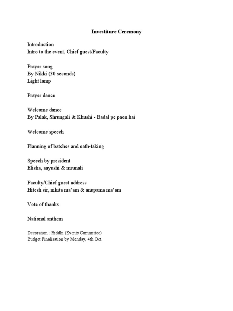 Investiture Ceremony Agenda Overview | PDF | Art