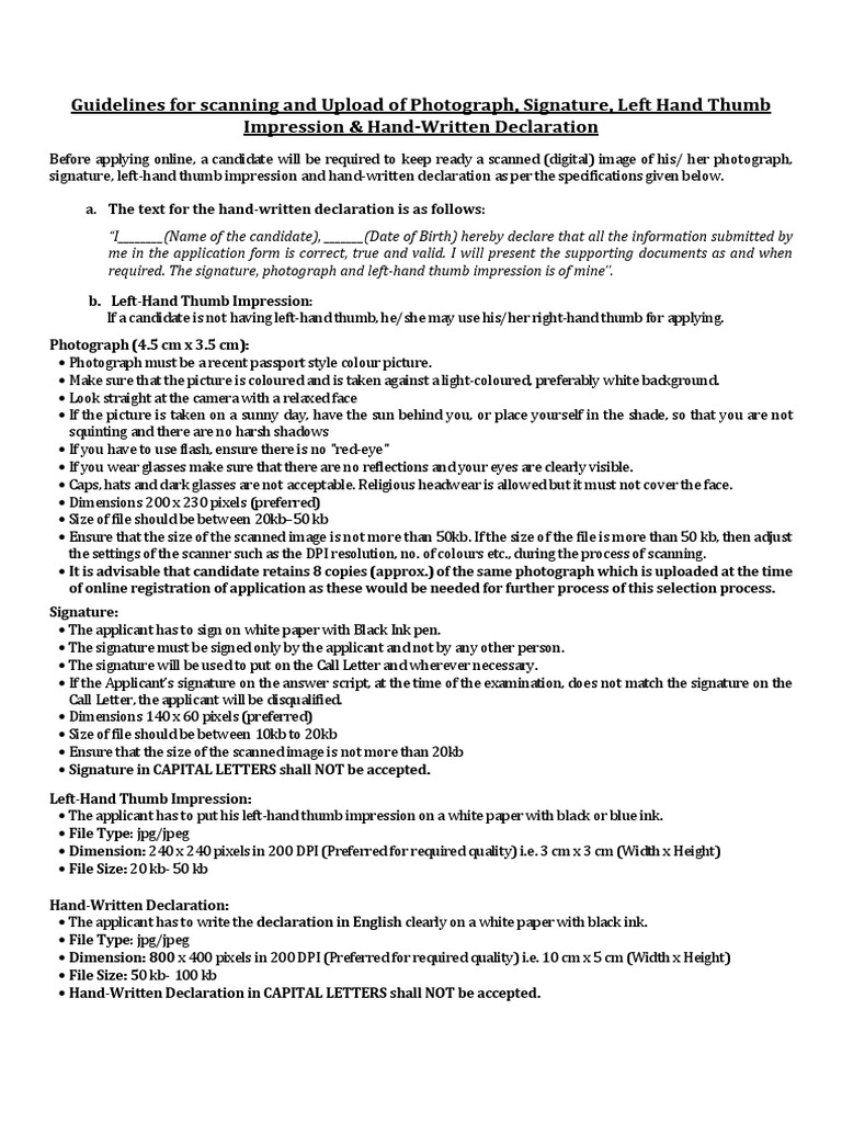 Guidelines For Scanning and Upload of Photograph, Signature, Left Hand Thumb Impression & Hand ...