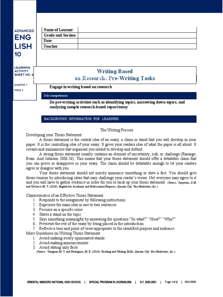 Writing Based On Research: Pre-Writing Tasks: Name of Learner Grade and ...