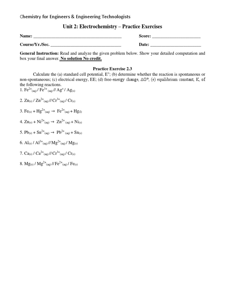 Unit 2: Electrochemistry - Practice Exercises: Chemistry For Engineers ...