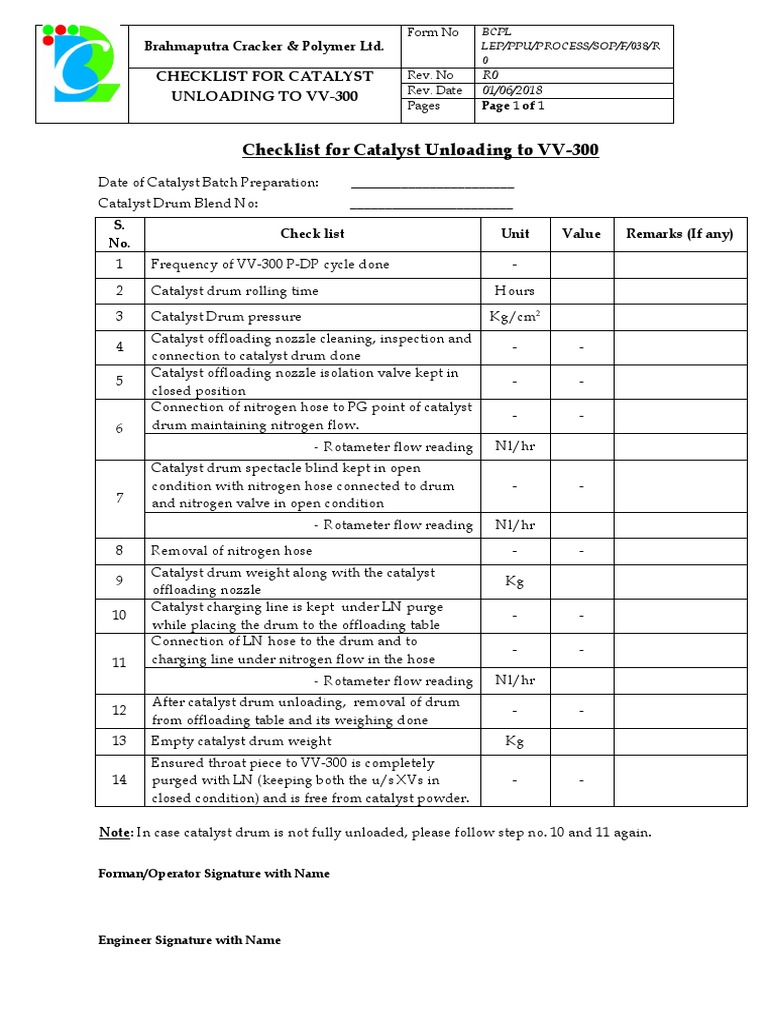 Checklist For Catalyst Unloading To Vv-300 | PDF | Gas Technologies | Gases