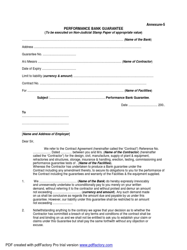 Annexure-5 Performance Bank Guarantee: (To Be Executed On Non-Judicial ...