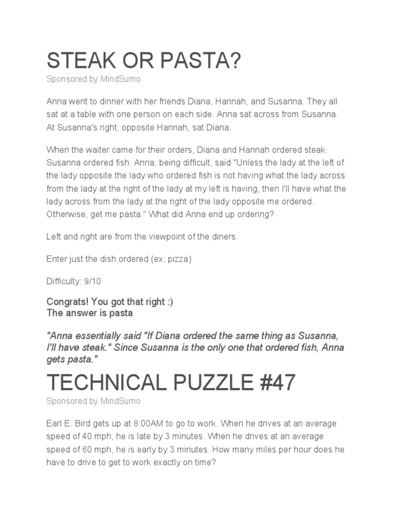 MindSumo Dinner Logic Puzzle | PDF