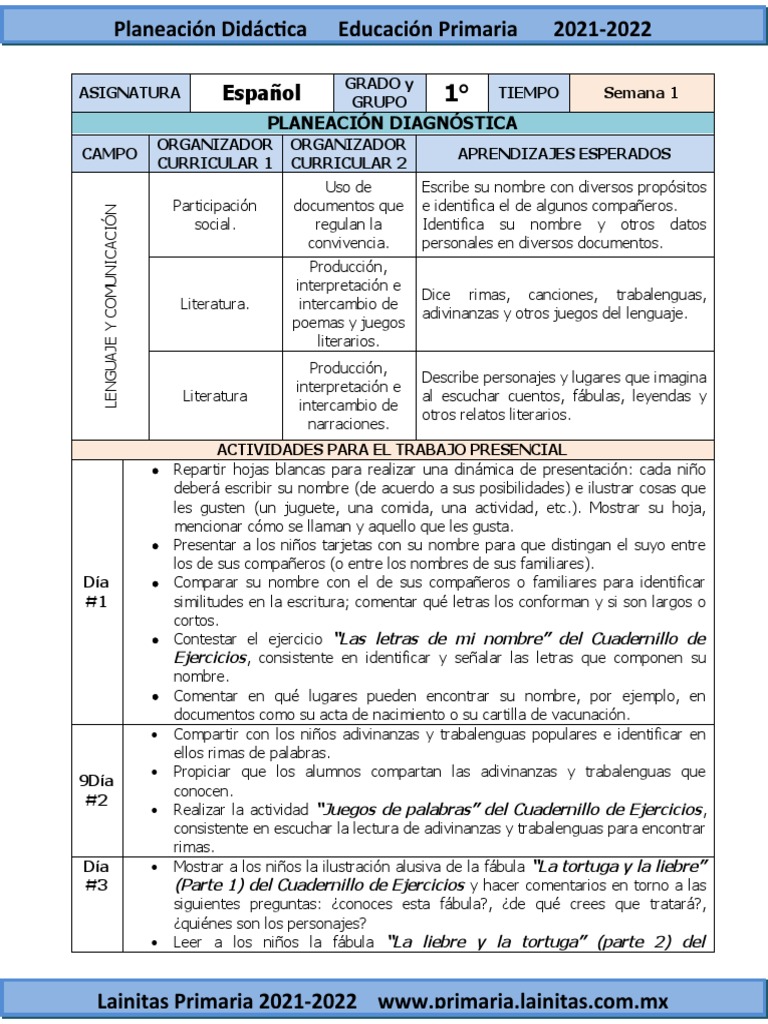 Septiembre - 1er Grado Español (2021-2022) | PDF | Educación primaria ...