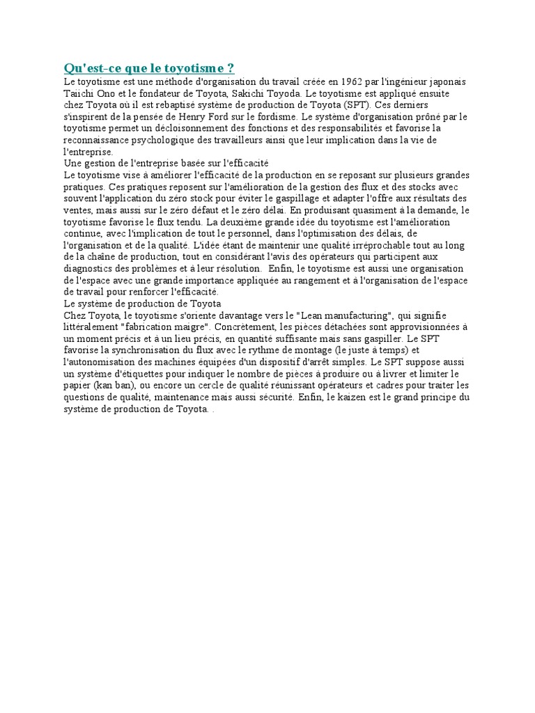 Toyotisme : Méthode de Production Efficace | PDF
