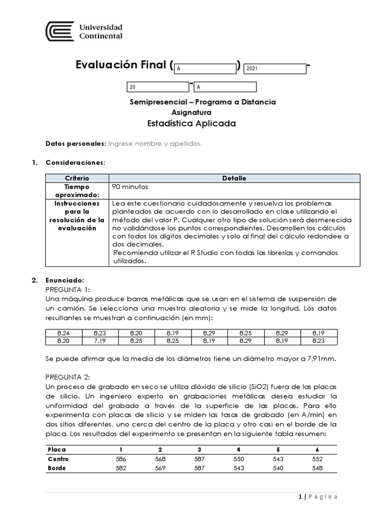 Evaluación Final Estadística Aplicada | PDF
