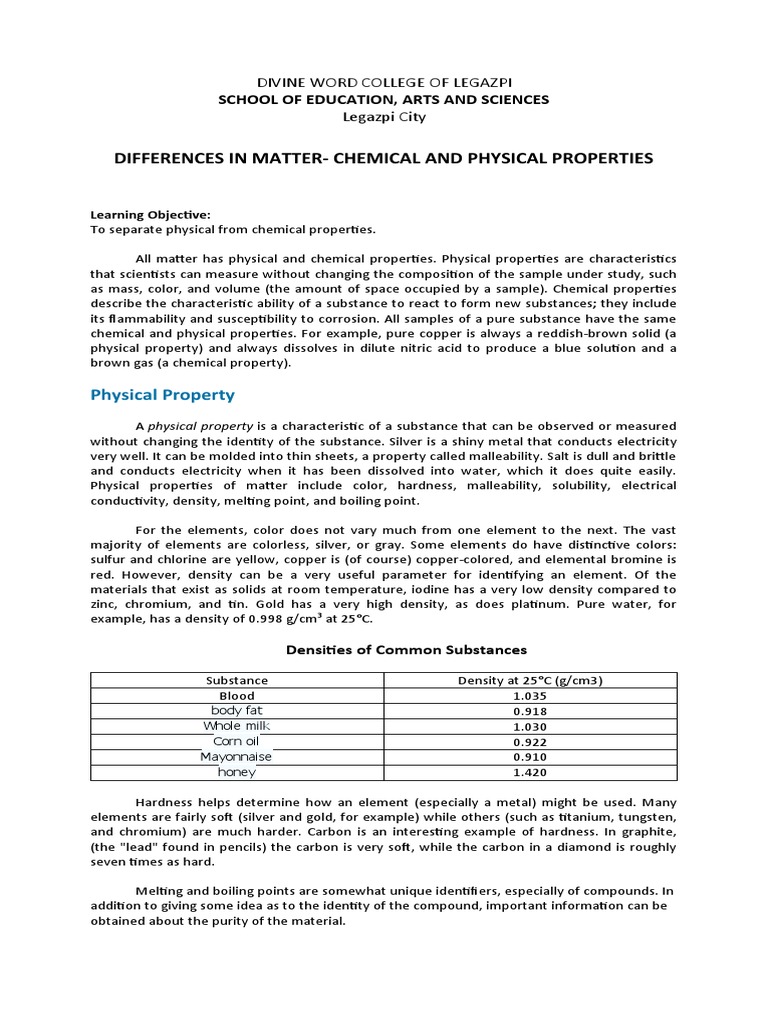 Differences in Matter-Chemical and Physical Properties | PDF | Chemical ...