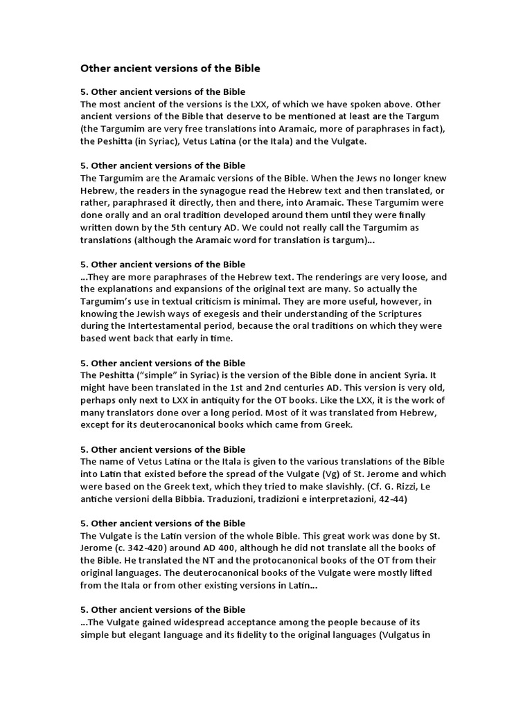 Other Ancient Versions of The Bible | PDF | Bible | Bible Translations