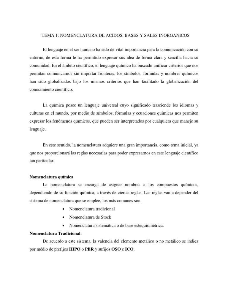 Nomenclatura de Ácidos y Bases Inorgánicos | PDF | Ácido | Sustancias ...