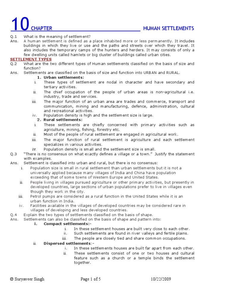CHAPTER-10 Human Settlements | PDF | Village | City