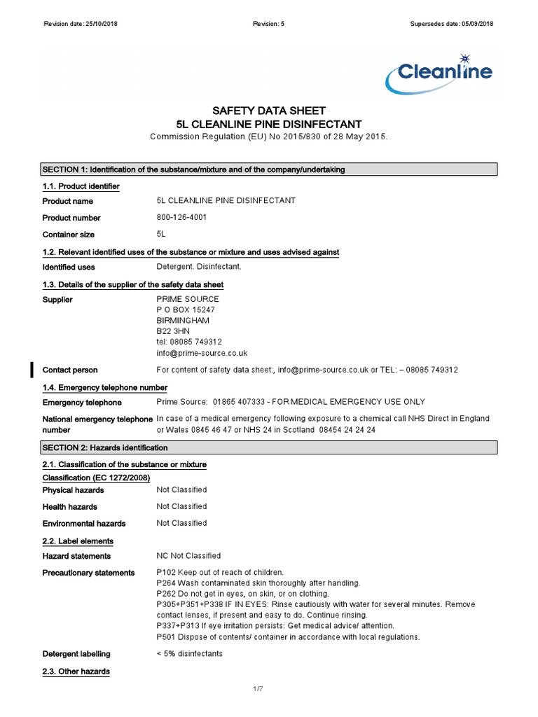 Safety Sheet for Pine Disinfectant | PDF | Dangerous Goods | Toxicity
