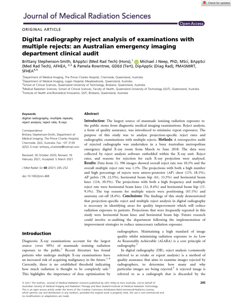 Reject Analysis in Digital Radiography | PDF | Radiography | Radiation ...