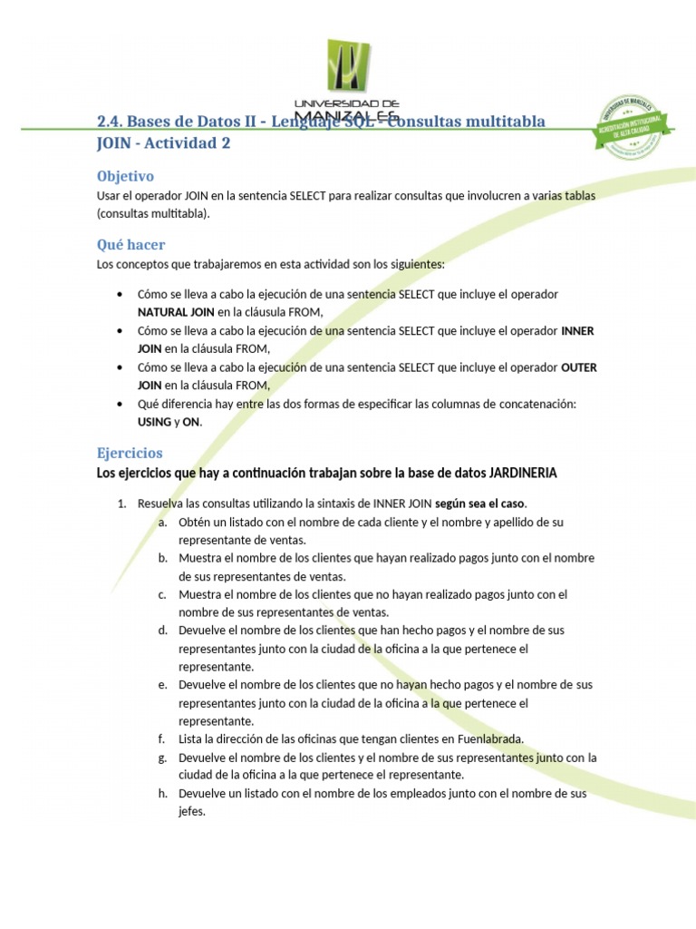 2.4. Bases de Datos II - Lenguaje SQL - Consultas Multitabla JOIN ...