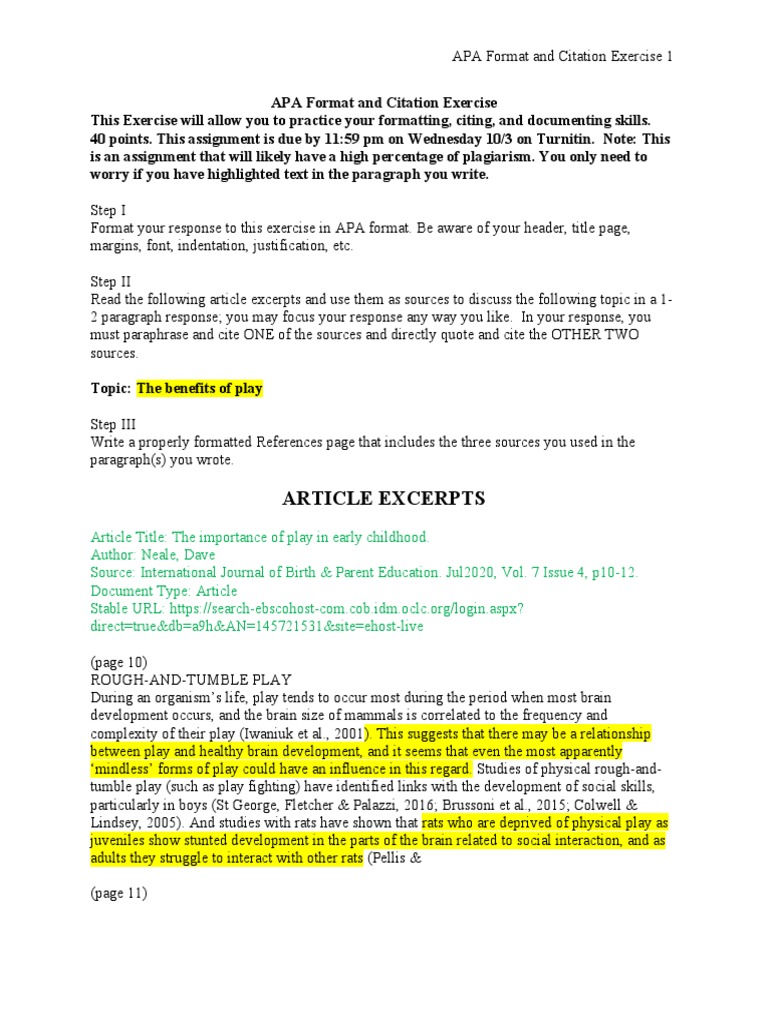 APA Format and Citation Exercise Fall 2021 | PDF | Early Childhood ...
